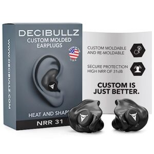 decibullz - custom molded earplugs, 31db highest nrr, comfortable hearing protection for shooting, travel, swimming, work and concerts (black)