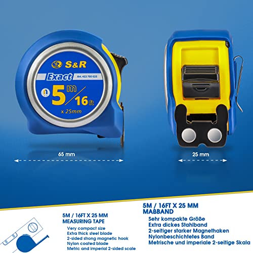 S&R Industriewerkzeuge Tape Measure Inch and Metric Q-Series 5M / 16 Ft, Tape 25 Mm, Nylon Coated, Measuring Pocket Tapes Impact Resistant, Rubberized Case