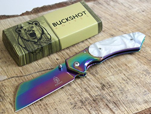 Wartech Buckshot Thumb Open Stainless Steel Handle with Inlay Classic Razor Pocket Knife (Black) … (Rainbow)