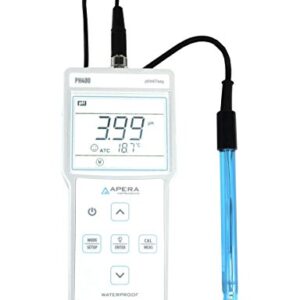 Apera Instruments PH400 Portable pH Meter Kit with Pre-mixed Buffers, 0.01 pH Accuracy, 0-14.00 pH Measuring Range, 3-Point Auto Calibration, 3' Probe