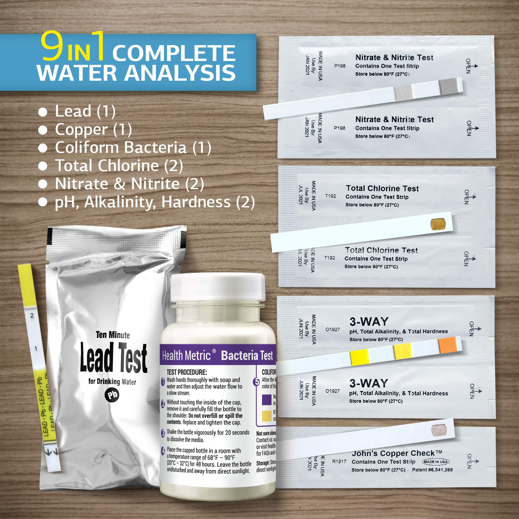 Drinking Water Test Kit for Home Tap and Well Water - Easy to Use Testing Strips for Lead Bacteria pH Copper Nitrate Chlorine Hardness and More | Made in The USA in Line with EPA Approved Limits