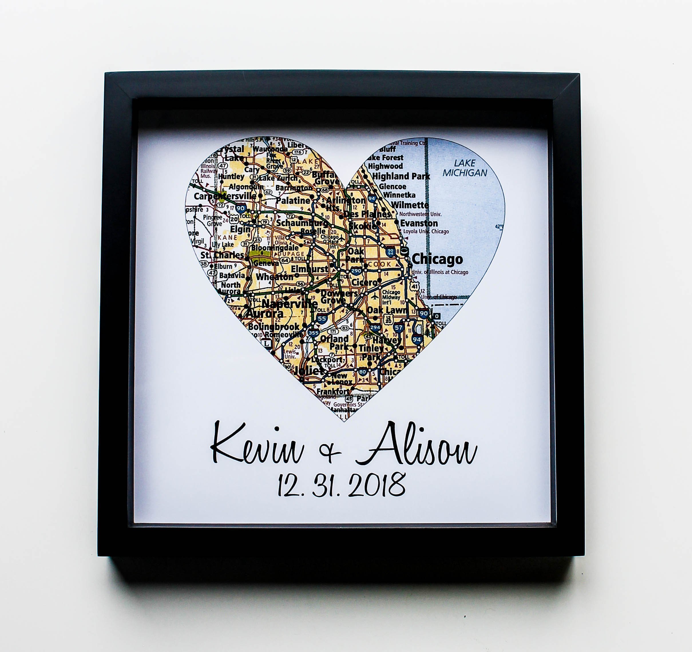 Heart Map Framed Art Map Heart Wedding Gifts for Couples Unique Wedding Gift Wedding Present Wedding Gift Ideas