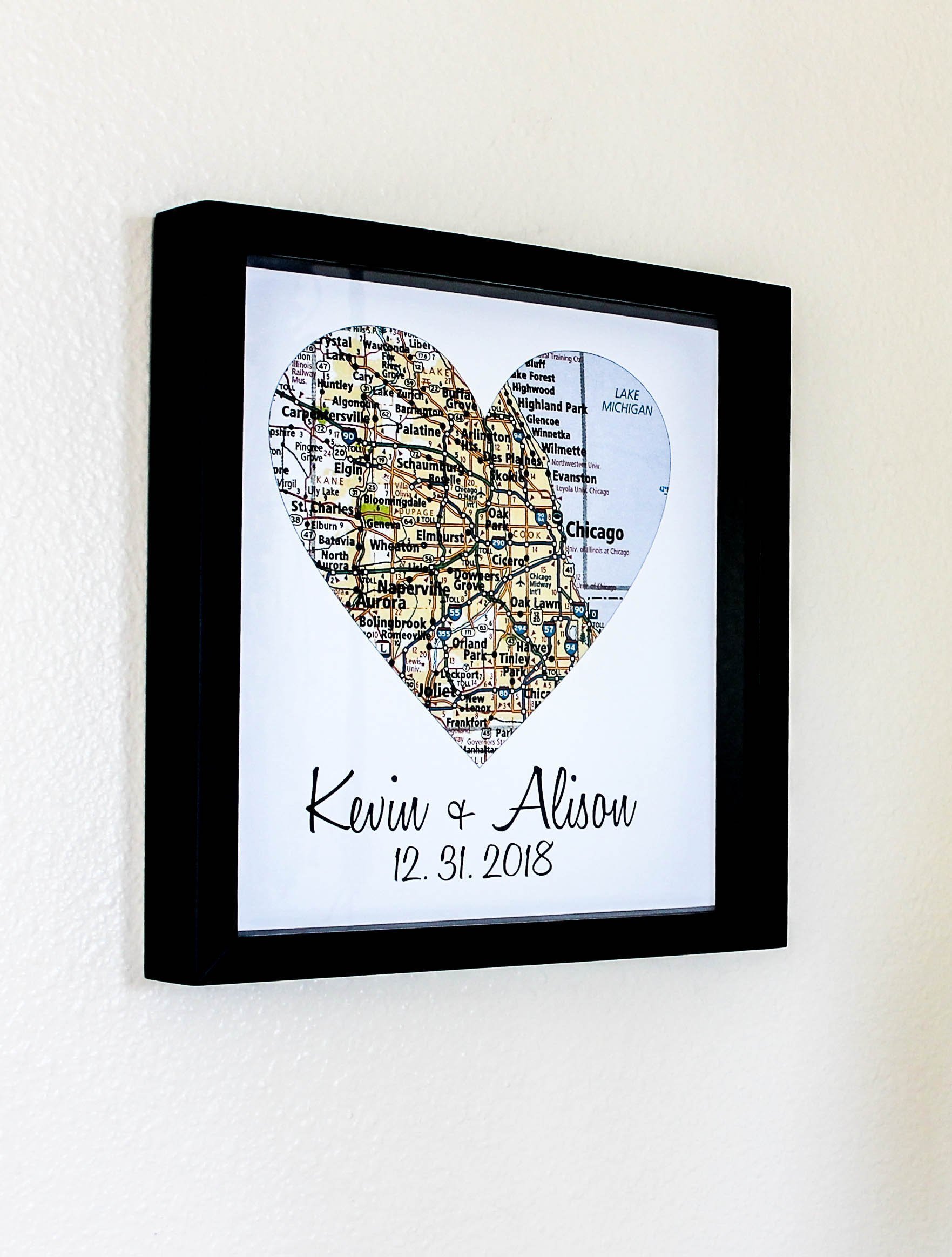 Heart Map Framed Art Map Heart Wedding Gifts for Couples Unique Wedding Gift Wedding Present Wedding Gift Ideas