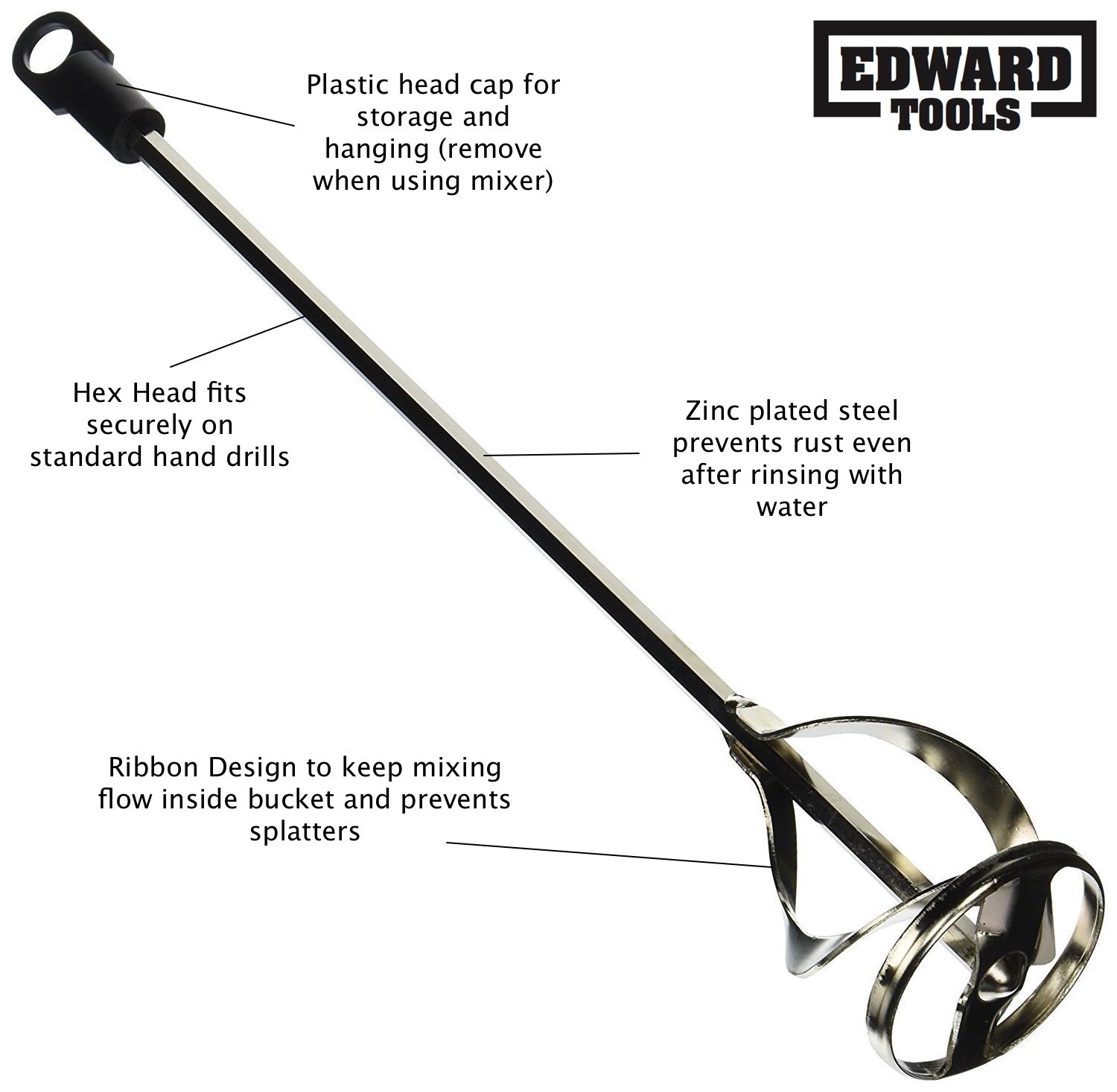 Edward Tools Paint and Mud Mixer for drill in 1 to 5 gallon buckets - Fits all standard drills - Zinc plated steel - Reinforced weld - Hex head for non slip - Easy to clean - Paint mixer attachment