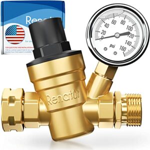 renator rv water pressure regulator for rv camper. brass lead-free adjustable rv water pressure regulator with gauge. rv water regulator for camper travel trailer, reducer valve w filter. m11-0660r.