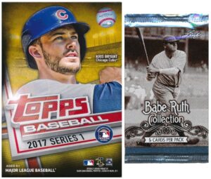 2017 topps series 1 mlb baseball exclusive factory sealed hanger box with 72 cards including (2) mlb award gold parallels plus bonus babe ruth collection pack! look for autograph & relics! wowzzer!