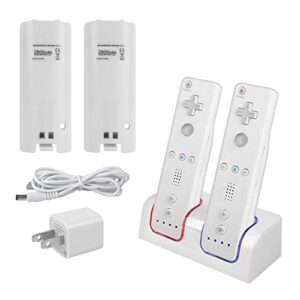 kulannder wii remote battery charger(free usb wall charger+lengthened cord) dual charging station dock with two rechargeable capacity increased batteries for wii/wii u game remote controller (white)