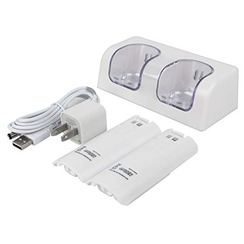 Kulannder Wii Remote Battery Charger(Free USB Wall Charger+Lengthened Cord) Dual Charging Station Dock with Two Rechargeable Capacity Increased Batteries for Wii/Wii U Game Remote Controller (White)