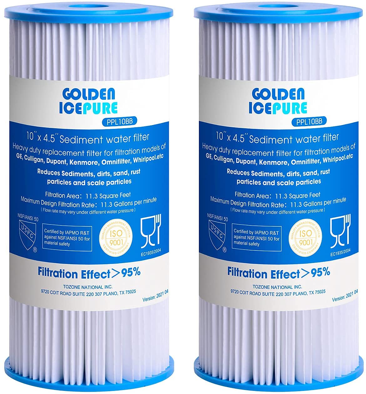 GOLDEN ICEPURE 5 Micron 10" x 4.5" Whole House Sediment Pleated Water Filter Compatible for DuPont WFHDC3001, GE FXHSC, Culligan R50-BBSA, R50-BB, W50PEHD, GXWH40L, CP5-BBS 2-PACK