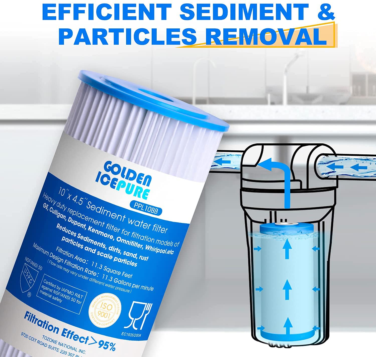 GOLDEN ICEPURE 5 Micron 10" x 4.5" Whole House Sediment Pleated Water Filter Compatible for DuPont WFHDC3001, GE FXHSC, Culligan R50-BBSA, R50-BB, W50PEHD, GXWH40L, CP5-BBS 2-PACK