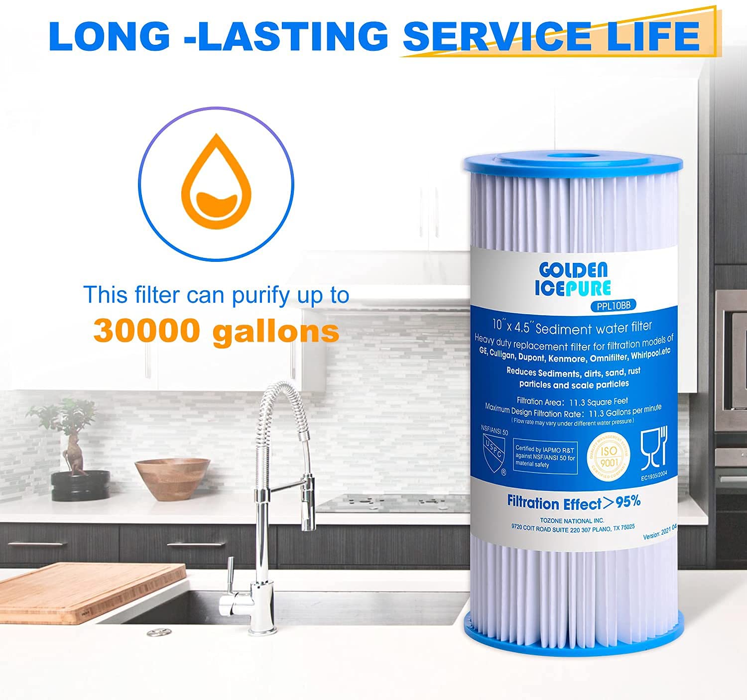 GOLDEN ICEPURE 5 Micron 10" x 4.5" Whole House Sediment Pleated Water Filter Compatible for DuPont WFHDC3001, GE FXHSC, Culligan R50-BBSA, R50-BB, W50PEHD, GXWH40L, CP5-BBS 2-PACK