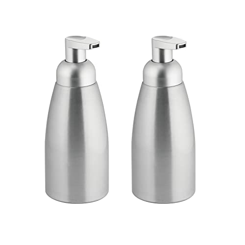 mDesign Modern Metal Aluminum Foaming Soap Dispenser Pump Bottle for Kitchen Sink Countertop, Bathroom Vanity, Utility/Laundry Room, Garage - Save on Soap - Linn Collection - 2 Pack - Brushed/Silver