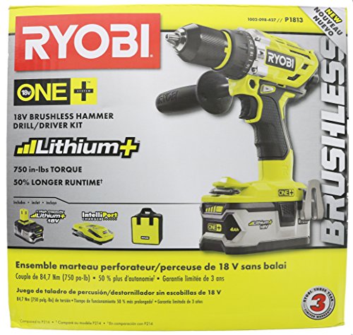 Ryobi P1813 One+ 18V Lithium Ion 750 Inch Pound Cordless Hammer Drill Power Tool Kit (Includes Battery Charger and Bag)