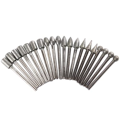 Stone Carving Set Diamond Burrs for Engraving, Grinding, Polishing Stone, Rocks, Jewelry, Glass, Ceramics, Nails Compatible with Dremel Rotary Tools 1/8 inch Shank 20 Pieces Set