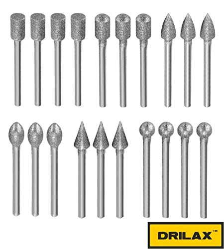 Stone Carving Set Diamond Burrs for Engraving, Grinding, Polishing Stone, Rocks, Jewelry, Glass, Ceramics, Nails Compatible with Dremel Rotary Tools 1/8 inch Shank 20 Pieces Set