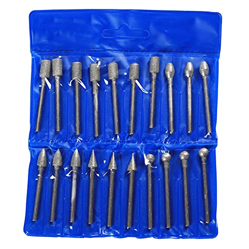 Stone Carving Set Diamond Burrs for Engraving, Grinding, Polishing Stone, Rocks, Jewelry, Glass, Ceramics, Nails Compatible with Dremel Rotary Tools 1/8 inch Shank 20 Pieces Set