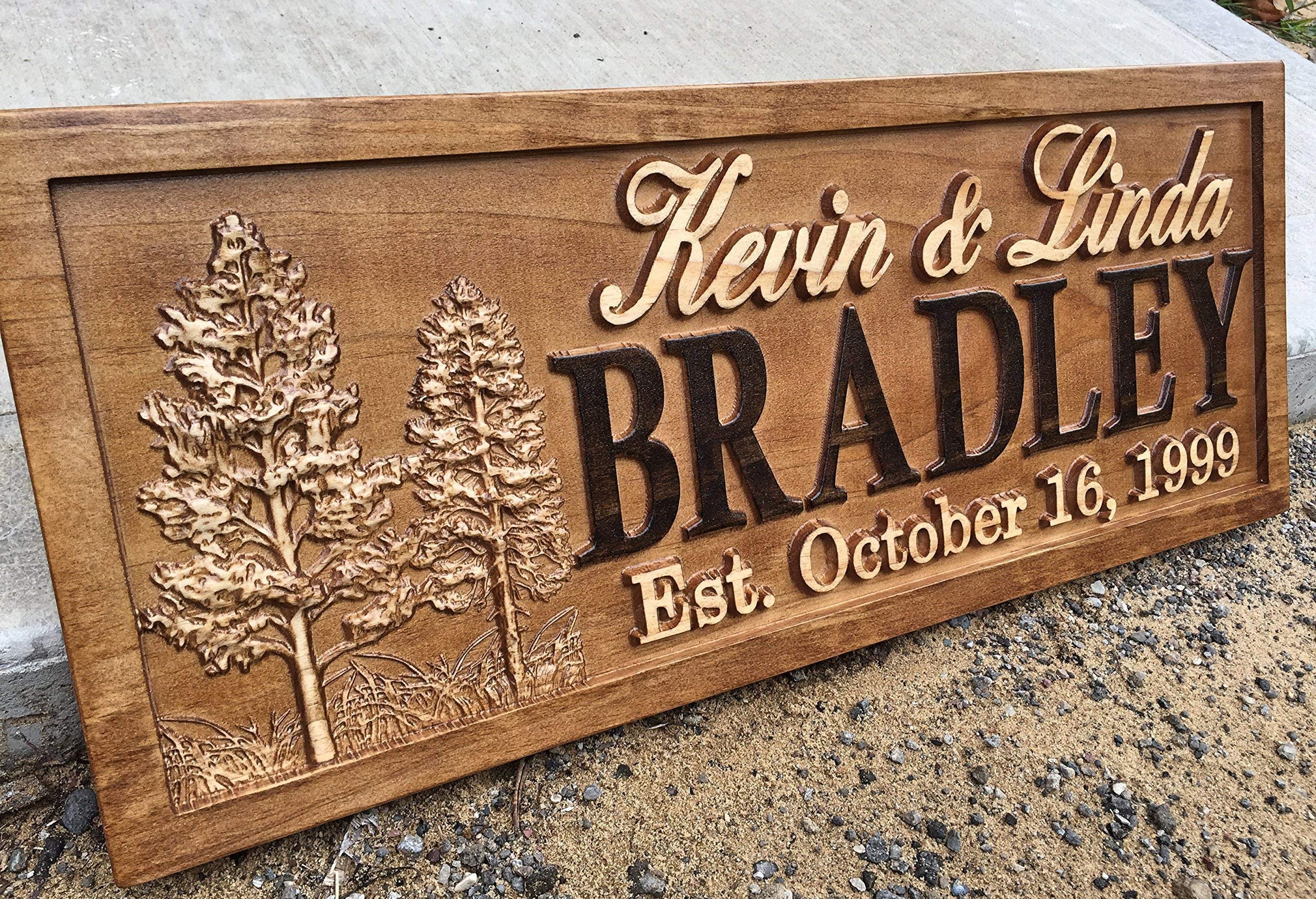 Rustic Wedding Signs Wood Wall Art Personalized Couples Gift Ideas Family Last Name Custom Name Sign Lakehouse Hunting Lodge Home Decor Tree Carved Wooden Cabin 5 Year Anniversary Gift