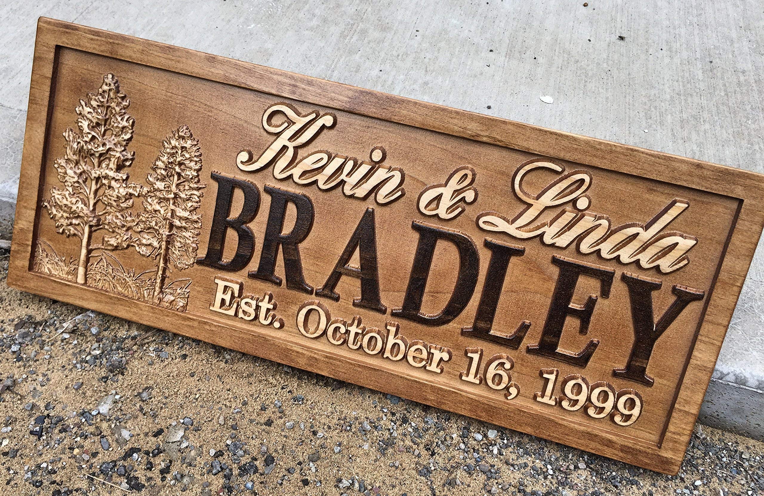 Rustic Wedding Signs Wood Wall Art Personalized Couples Gift Ideas Family Last Name Custom Name Sign Lakehouse Hunting Lodge Home Decor Tree Carved Wooden Cabin 5 Year Anniversary Gift