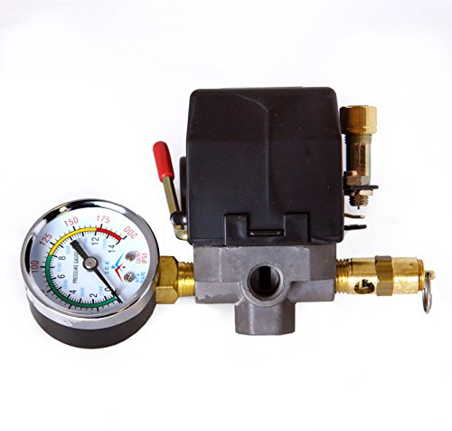 Air Compressor Pressure Control Switch 4 Ports 95-125 PSI w/ 0-200 PSI Gauge 150 PSI pop off valve