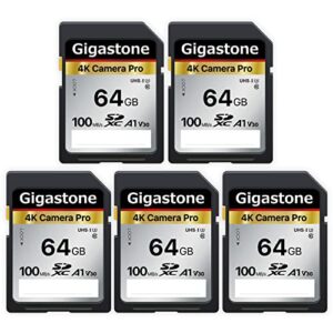 gigastone 64gb 5-pack sd card v30 sdxc memory card high speed 4k ultra hd uhd video compatible with canon nikon sony pentax kodak olympus panasonic digital camera, with 5 mini cases