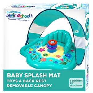 swimschool baby splash play mat with adjustable canopy – inflatable play pool for babies & infants with backrest – includes baby water toy rings