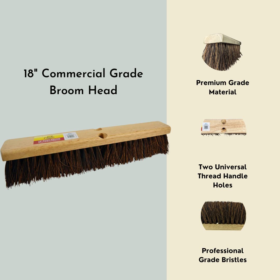 Bristles 4218 18” Outdoor Push Broom Head – Heavy Duty Hardwood Block, Rough Surface Stiff Palmyra Fibers, Brown