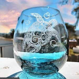 Integrity Bottles Tribal Sea Turtle Design Stemless Wine Glass, Handmade, Handblown, Hand Etched Gifts, Sand Carved, 18oz (Crackle Teal)