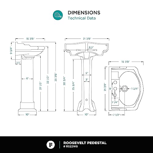 Fine Fixtures, Roosevelt White Pedestal Sink - 22 Inch Vitreous China Ceramic Material (8 Inch Faucet Spread Hole)