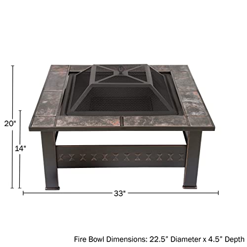 Pure Garden 50-155 Wood Burning Fire Pit Set Includes Screen, Cover and Log Poker-for Outdoor and Patio, 32-inch Marble Tile Square Firepit, Bronze