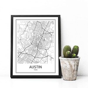 Austin Map Print City Maps of Austin Art Print Map Poster Texas Map Texas Black White Map Wall Art Map Modern Minimalist Wall Art Scandinavian Art City Map Poster 8x10 Unframed Wall Print