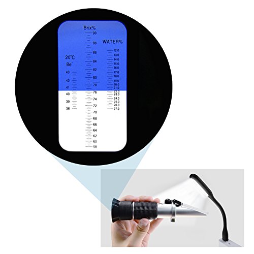 Optics Honey Sugar Moisture Brix Baume Refractometer ATC, Tri-Scale 58-90% Brix, 38-43 Be'(Baume) 12-27% Water, Beekeeping, Maple, w/Extra Dioptric Oil (for Calibration), Reference