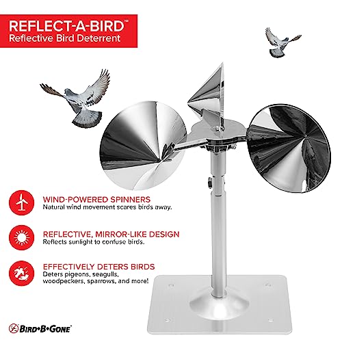 Bird B Gone - Reflect-A-Bird - Reflective Spinning Deterrent - Repels Pigeons, Sparrows, & Woodpeckers - Wind Powered - for Gardens, Railings, Roofs, Etc - Weatherproof Aluminum - Adjustable Neck