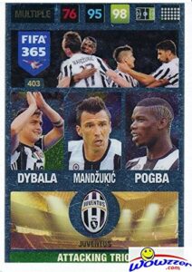 2017 panini adrenalyn xl fifa 365 multiple insert #403 card! juventus attacking trio- dybala, mandzukic and pogba! imported from europe! shipped in ultra pro top loader to protect it