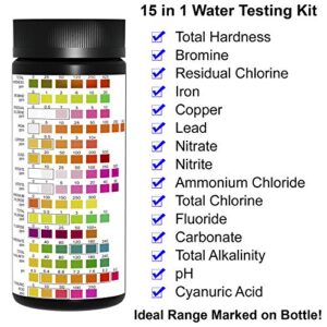 Drinking Water Test Kit - 15-in-1 Chlorine Drinking Water Test Strips with eBook - Lead Testing Kits for Drinking Water - Test Iron, Bromine, pH, Hardness, and More - 100 Tests - JNW Direct