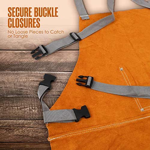 Houseables Leather Welding Apron, Fire Resistant Welder Smock, 23 x 35 Inch, Large, 2 Pockets, Kevlar Stitching, Safety Accessory For Blacksmithing, Carpentry, Torch Work, Roofing, Woodworking, Garage