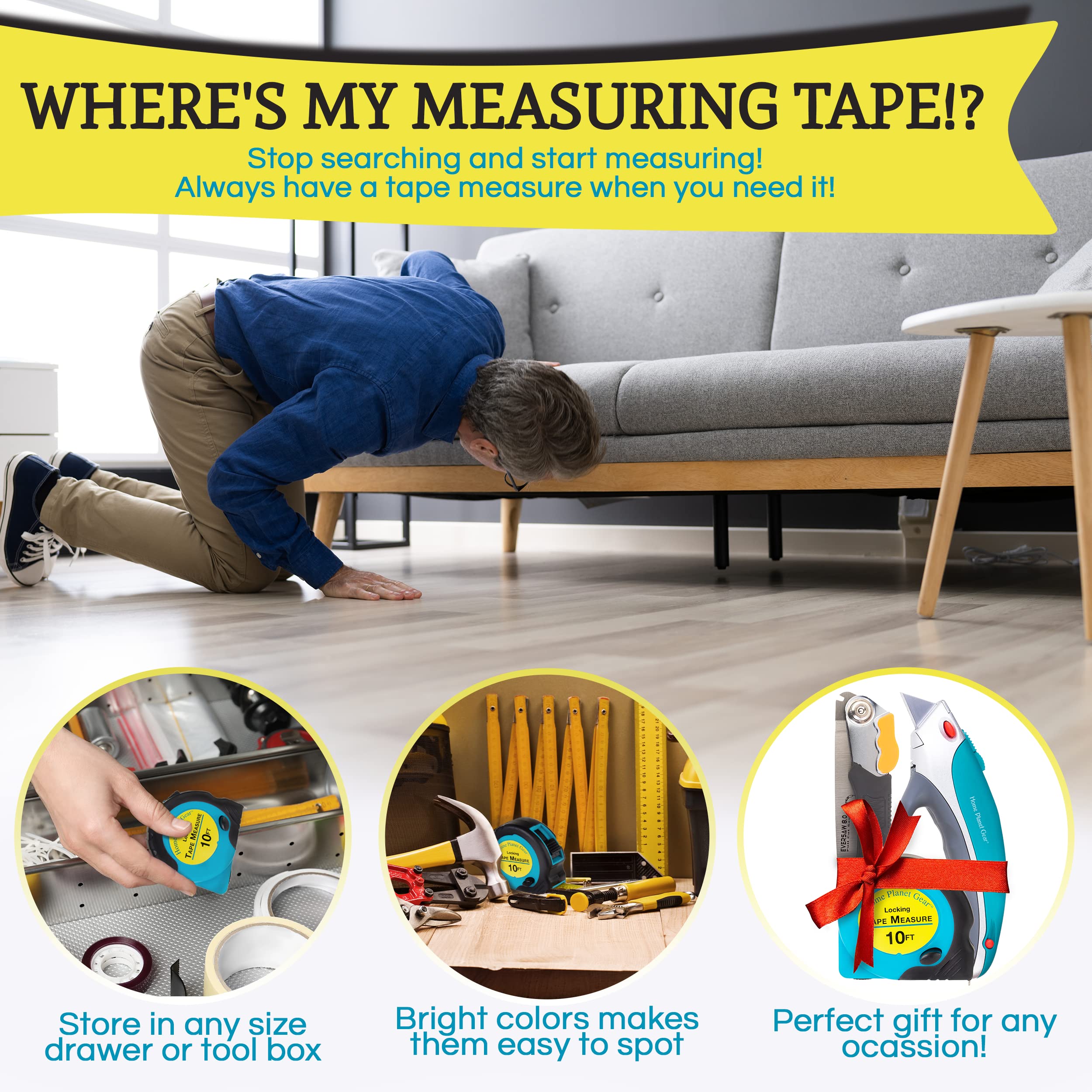 Where's My Tape Measure? 10ft Tape Measures Retractable – 3 Pack Small Measuring Tapes – Retractable, Fractions, Easy to Read and Easy to Find!