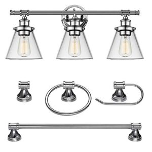 globe electric 51234 5-piece all-in-one bathroom accessory set, with vanity, chrome, 3-light vanity light, clear glass shades, towel bar, towel ring, robe hook, toilet paper holder, makeup lighting