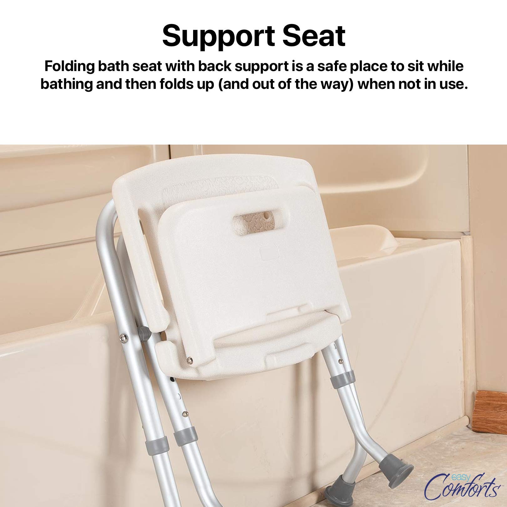 EasyComforts Folding Bath Seat with Back Support, Portable Shower Bench, Rubber Tips, High-Density Polyethylene, White – Overall Bench Seat Measures 17 ½ Inches x 11 Inches, Supports Up to 300 Pounds