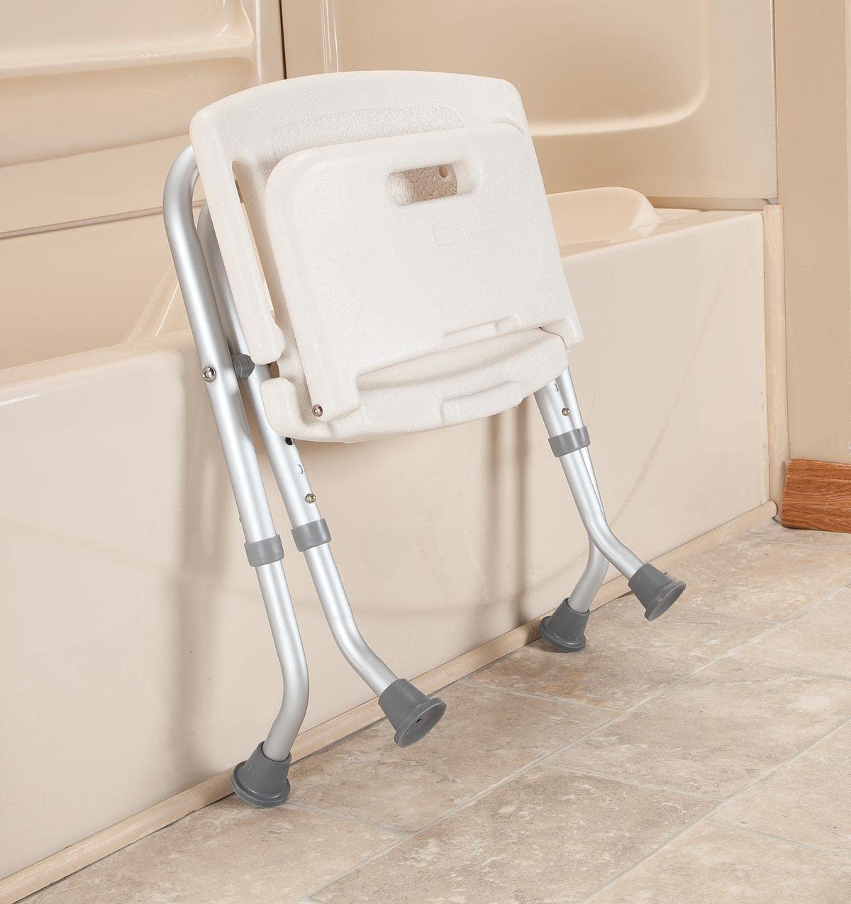 EasyComforts Folding Bath Seat with Back Support, Portable Shower Bench, Rubber Tips, High-Density Polyethylene, White – Overall Bench Seat Measures 17 ½ Inches x 11 Inches, Supports Up to 300 Pounds