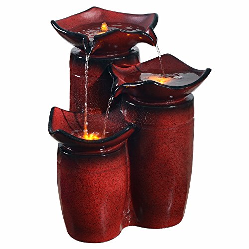 Teamson Home 3 Tiered Floor Water Glazed Pots Fountain with LED Lights and Pump for Outdoor Patio Garden Backyard Decking Décor, 20 inch Height, Gradient Red