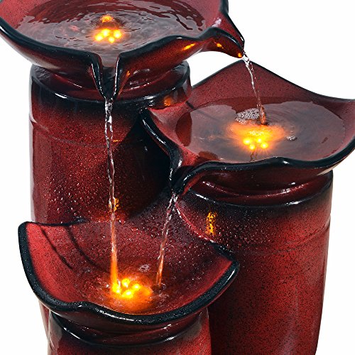 Teamson Home 3 Tiered Floor Water Glazed Pots Fountain with LED Lights and Pump for Outdoor Patio Garden Backyard Decking Décor, 20 inch Height, Gradient Red