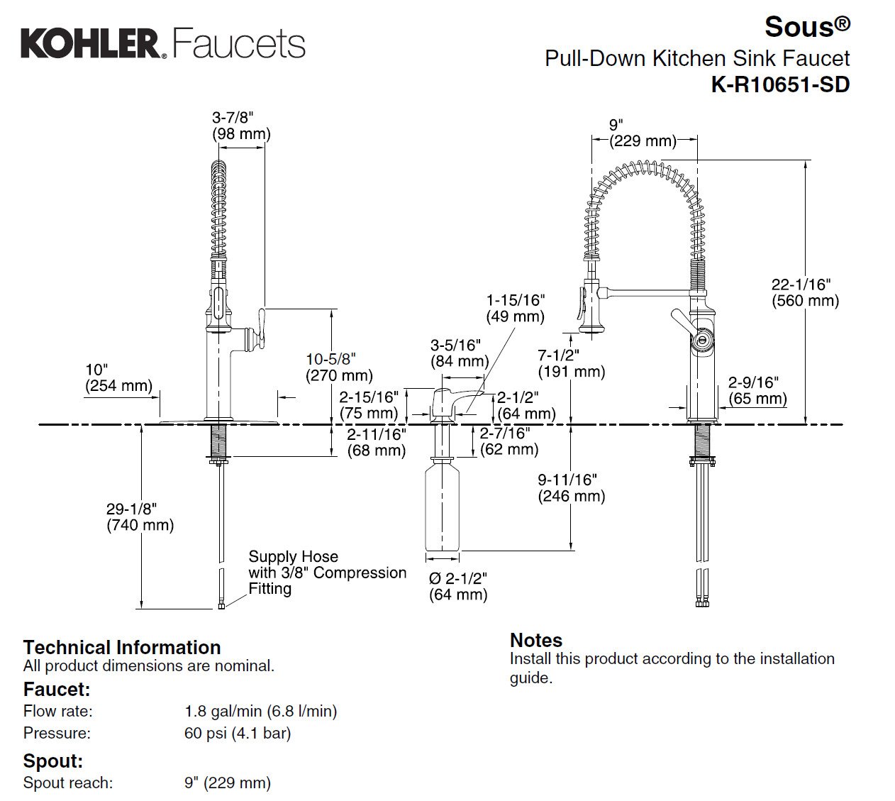 Kohler K-R10651-SD-VS Sous Kitchen Sink Faucet, Vibrant Stainless