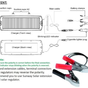 Sunway Solar Car Battery Trickle Charger & Maintainer 12V Solar Panel Power Battery Charger With Cigarette Lighter Plug Battery Clamp For Car Automotive Motorcycle Boat Marine Snowmobile Watercraft RV