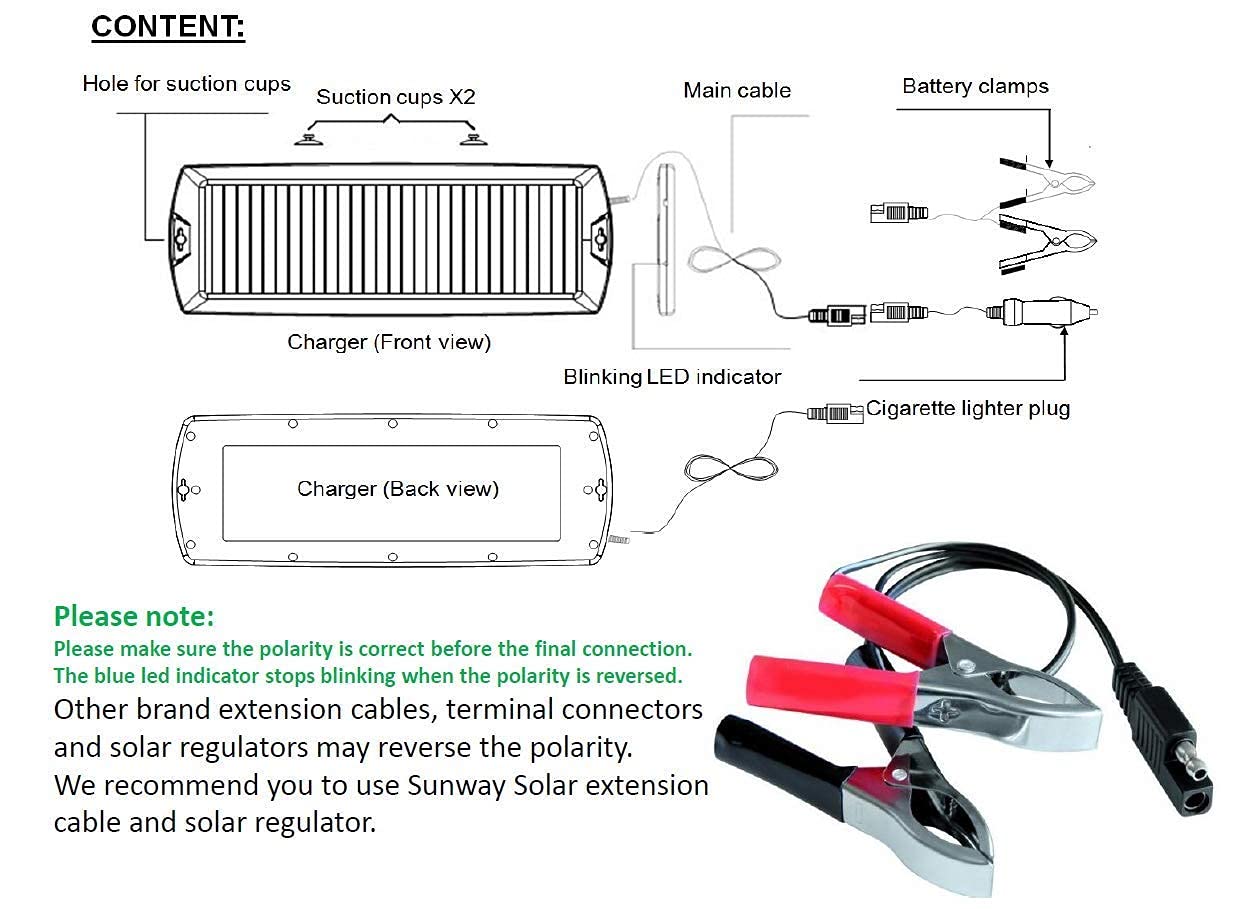 Sunway Solar Car Battery Trickle Charger & Maintainer 12V Solar Panel Power Battery Charger With Cigarette Lighter Plug Battery Clamp For Car Automotive Motorcycle Boat Marine Snowmobile Watercraft RV