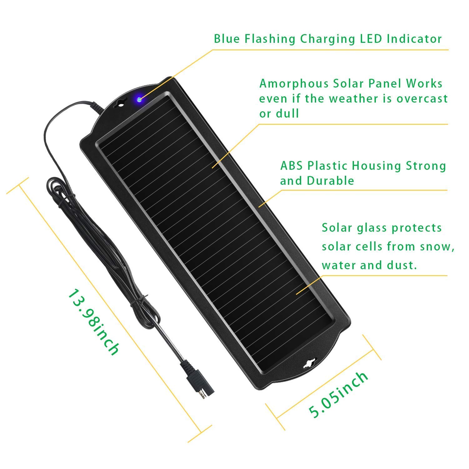 Sunway Solar Car Battery Trickle Charger & Maintainer 12V Solar Panel Power Battery Charger With Cigarette Lighter Plug Battery Clamp For Car Automotive Motorcycle Boat Marine Snowmobile Watercraft RV