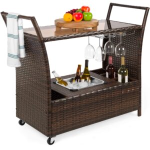 best choice products outdoor rolling wicker bar cart w/removable ice bucket, glass countertop, wine glass holders, storage compartments - brown