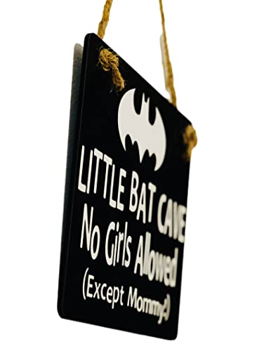 Little Bat Cave No Girls Allowed - Superhero Door Sign Hanger - Gift Present for Baby Shower Nursery