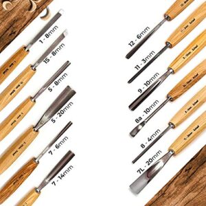 Schaaf Wood Carving Tools Set of 12 Chisels with Canvas Case | Wood Chisels for Woodworking | Wood Working Tools and Accessories | Wood Carving Chisels | Razor Sharp CR-V 60 Steel Blades | Wood Chise