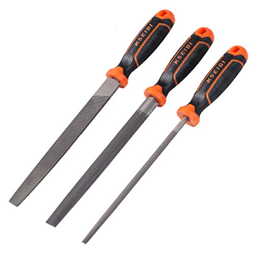 KSEIBI 311485 Metal File Set 3-Pcs Kit, High Steel Blade W Soft-Grip Rubber Handle, 8 Inch Square Flat, Round and Half Rounf Files, Ideal for Steel and Wood