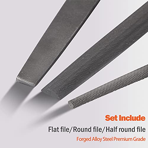 KSEIBI 311485 Metal File Set 3-Pcs Kit, High Steel Blade W Soft-Grip Rubber Handle, 8 Inch Square Flat, Round and Half Rounf Files, Ideal for Steel and Wood